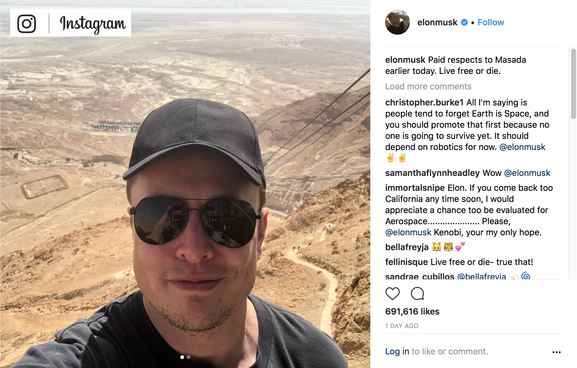 Israel and Stuff » Elon Musk posts selfie from Masada: “Live free or ...